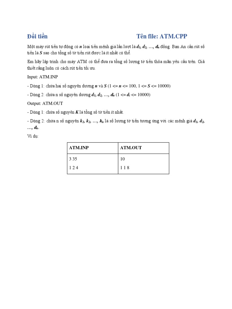 Đổi tiền Tên file: ATM.CPP: Atm.Inp Atm.Out | PDF