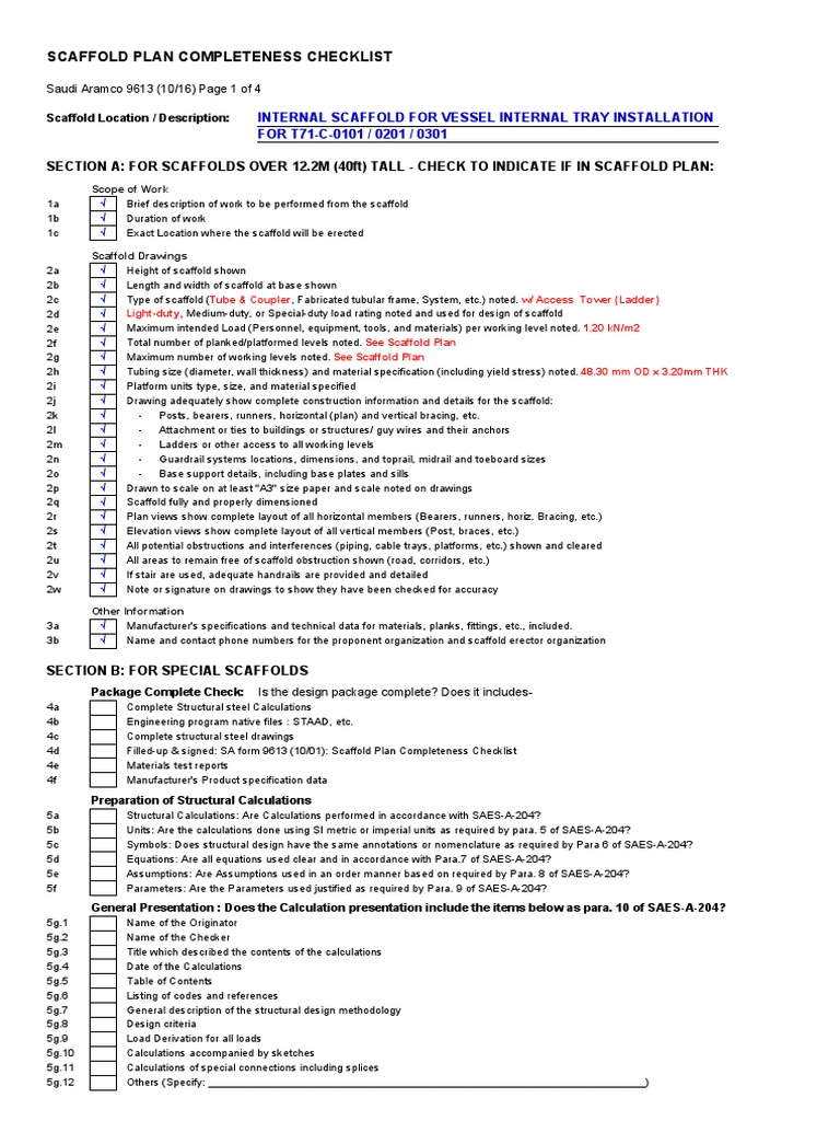 Scaffold Plan Completeness Checklist | PDF | Scaffolding | Mechanical Engineering