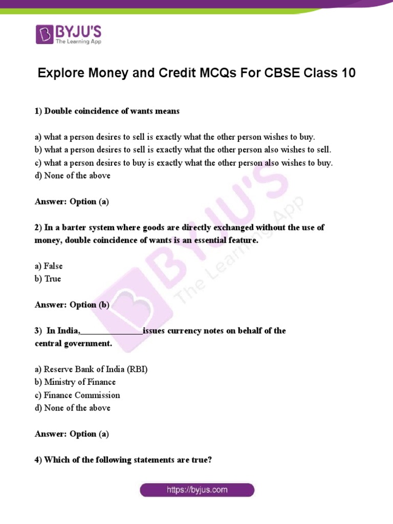 Money and Credit MCQ | PDF | Loans | Debt