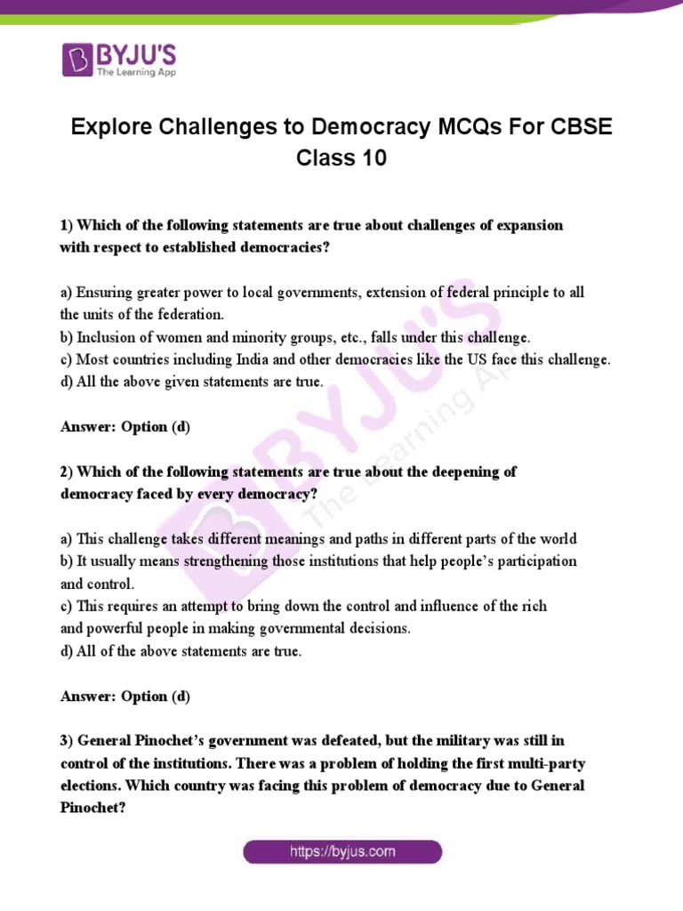 Challenges To Democracy MCQ | PDF | Democracy | Political Ideologies