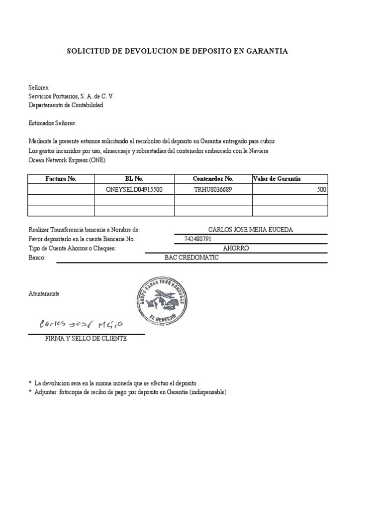 Solicitud de Devolución de Depósito en Garantía | PDF | Negocios