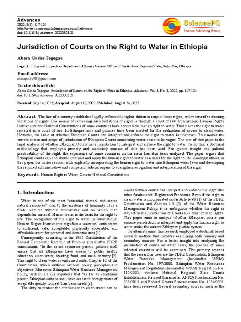 Jurisdiction of Courts On The Right To Water in Ethiopia | PDF ...