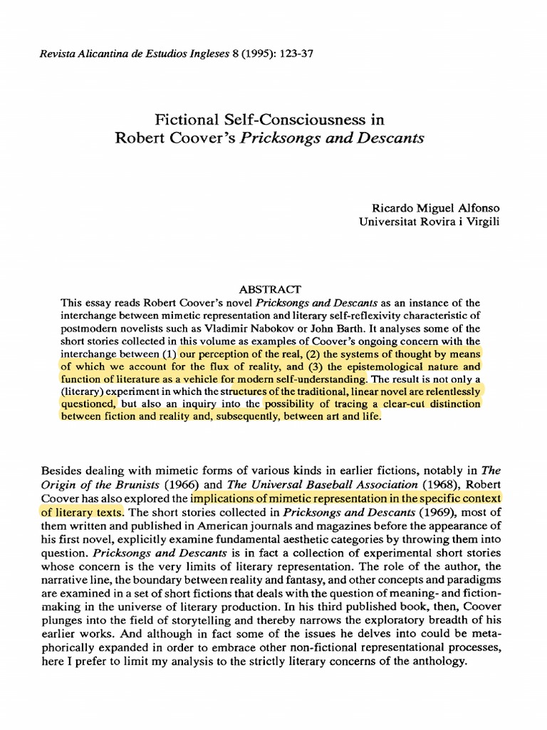 Fictional Self-Consciousness in Robert Coover's Pricksongs and Descernís | PDF | Narrative ...