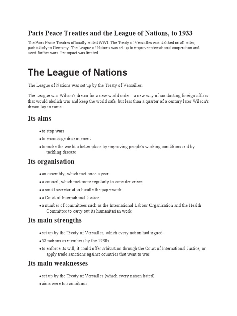 Paris Peace Treaties and The League of Nations Study Sheet | PDF ...