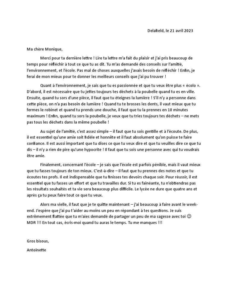 French 4 - Une Lettre Informelle - Exemple | PDF