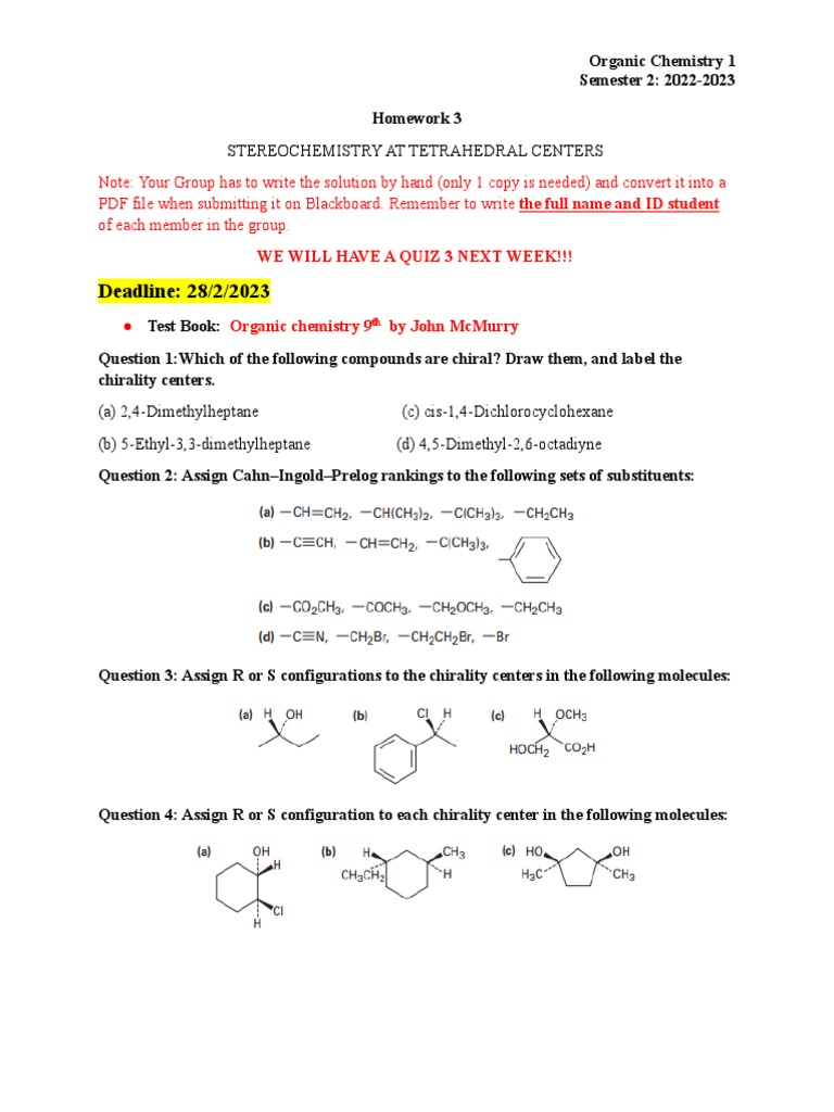 Homework 3_ STEREOCHEMISTRY AT TETRAHEDRAL CENTERS.docx (1) | PDF | Chirality (Chemistry ...