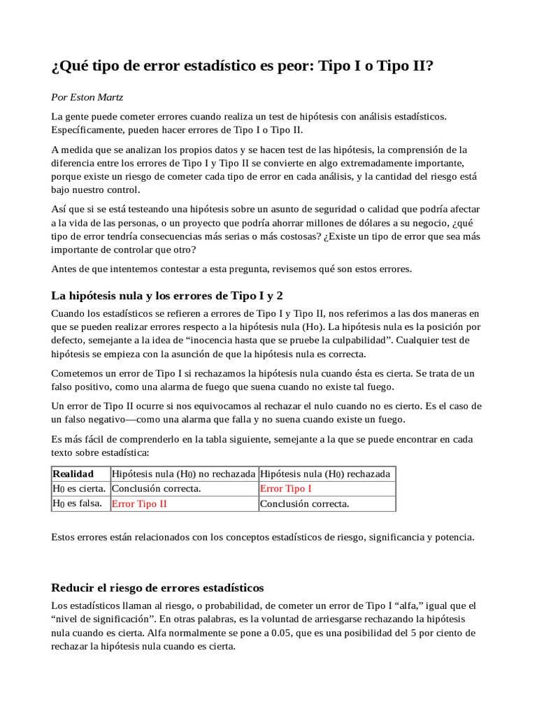Errores Estadísticos: Tipo I vs Tipo II | PDF | Errores tipo I y tipo ...