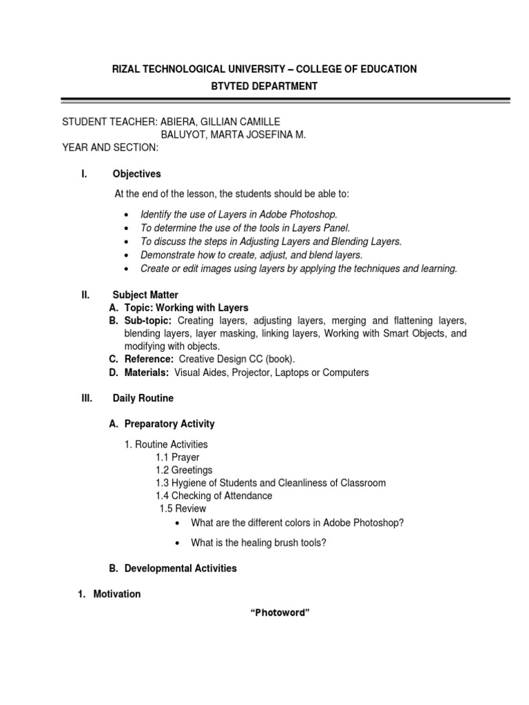 LP - Lesson 6 - Working With Layers Abiera - Baluyot PST | PDF | Adobe Photoshop | Graphics