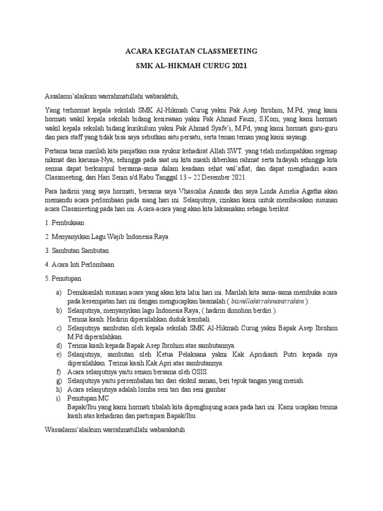 Susunan Acara Class Meeting 2021 | PDF