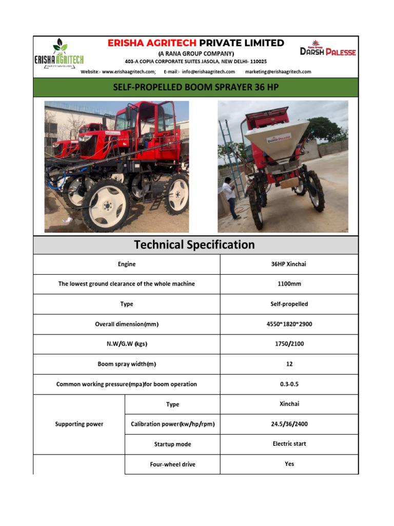 Technical Specifications and Performance Details of the Erisa Agritech Self-Propelled Boom ...