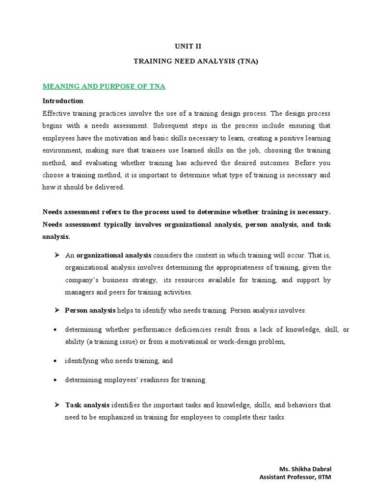 Meaning and Purpose of Tna: Unit Ii Training Need Analysis (Tna) | PDF | Needs Assessment ...