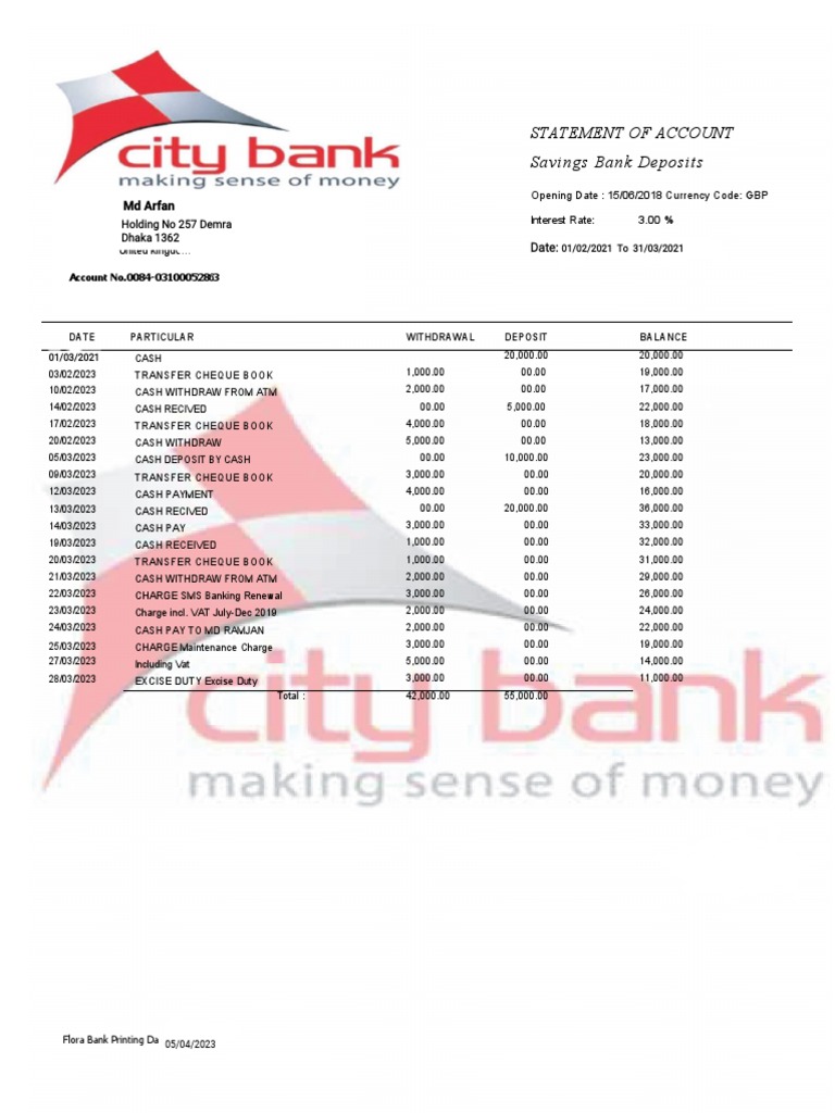 City Bank Statement | PDF | Cheque | Banks