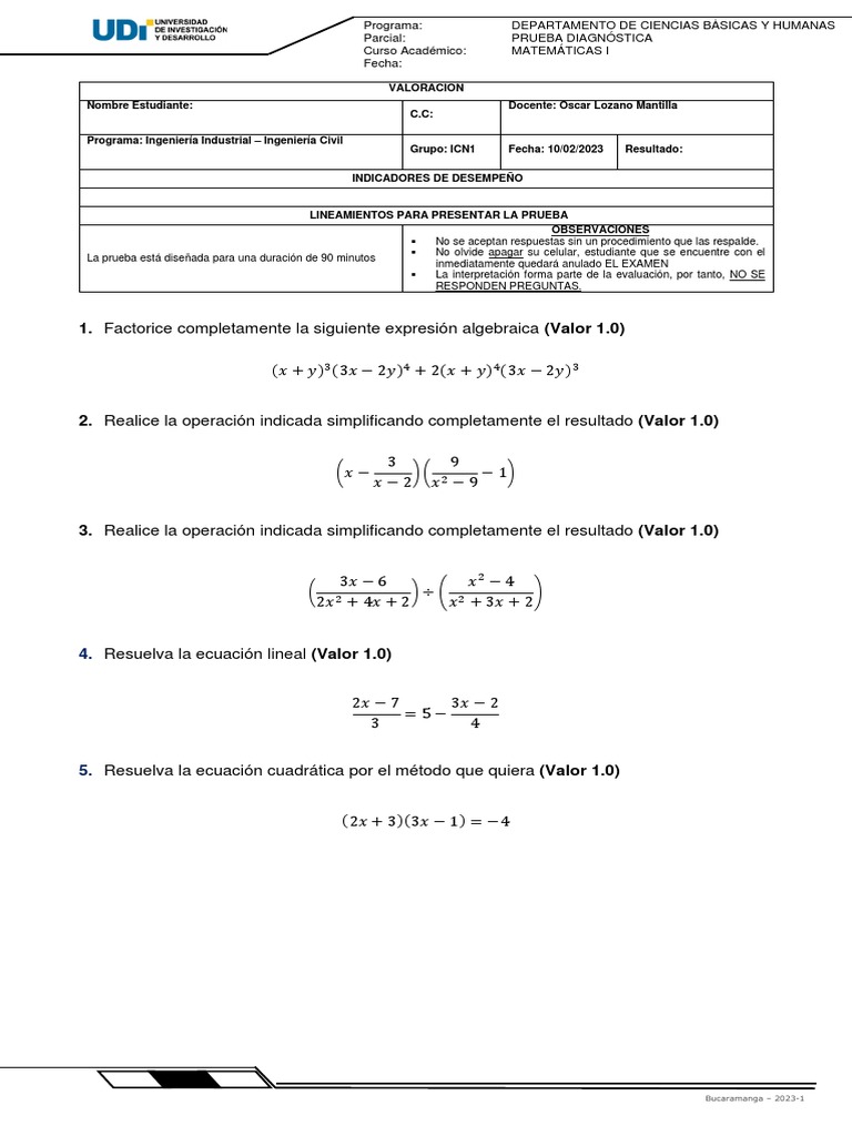 Prueba Diagnóstica Matemáticas I 2023 | PDF | Álgebra | Matemáticas