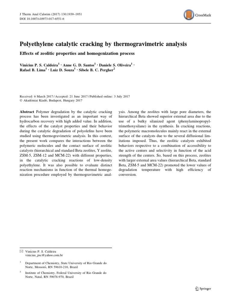 Polyethylene Catalytic Cracking by Thermogravimetric Analysis | PDF | Adsorption | Zeolite