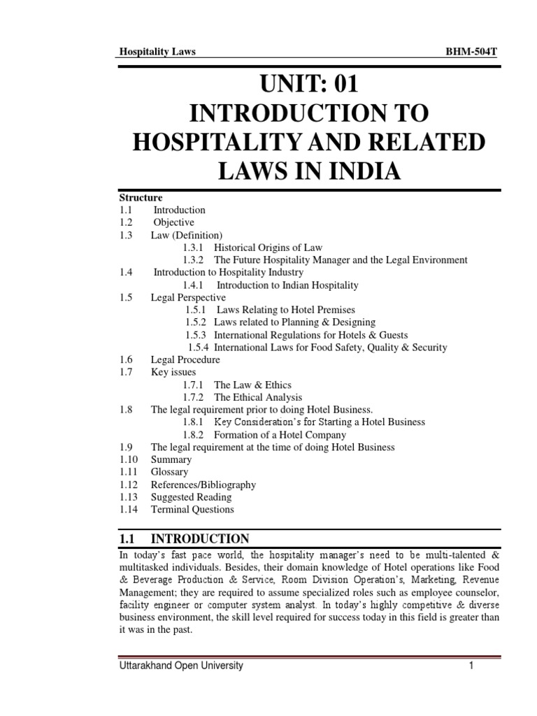 UNIT: 01 Introduction To Hospitality and Related Laws in India | PDF ...