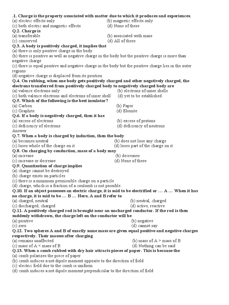 Class 12 MCQ | PDF | Electric Charge | Electron