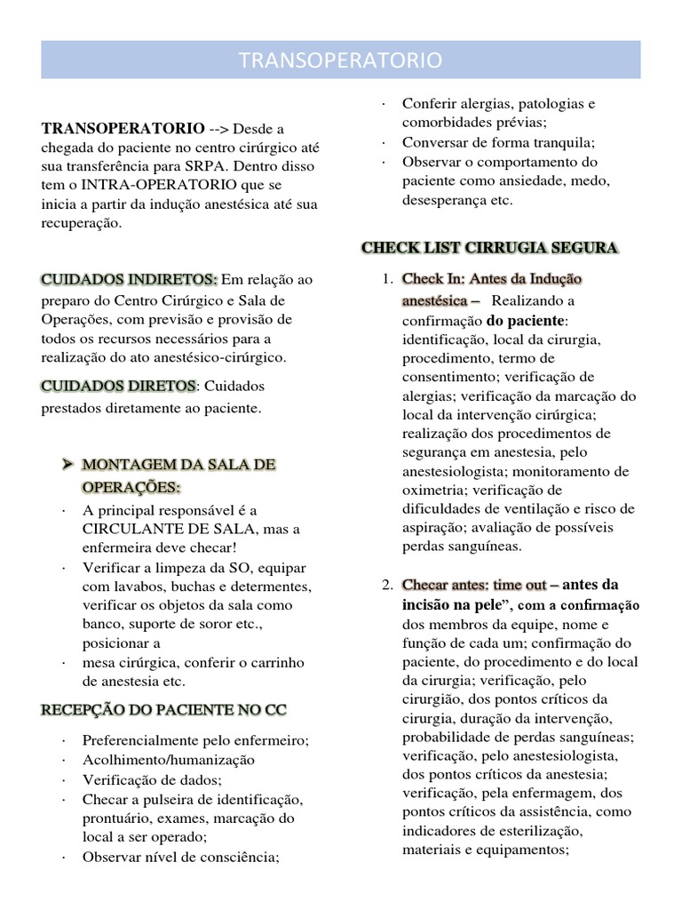 TRANSOPERATORIO - Resumo | PDF | Enfermagem | Anestesia
