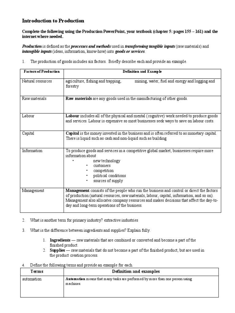 2a Intro To Production Worksheet Answers | PDF | Goods | Information