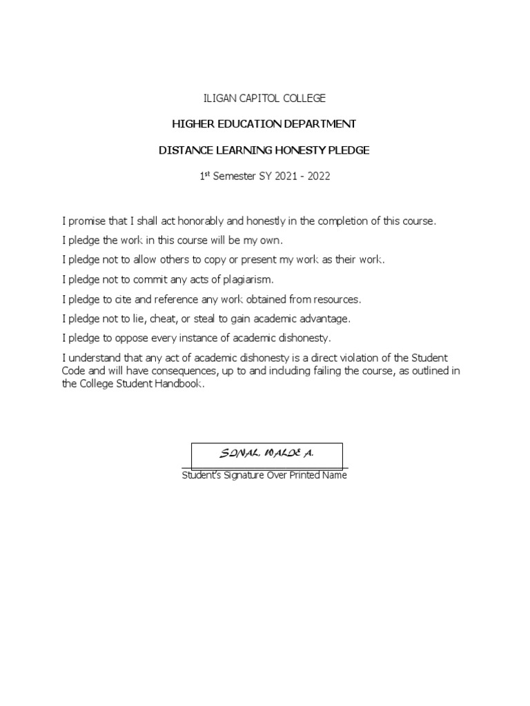 (Template) Distance-Learning-Honesty-Pledge | PDF