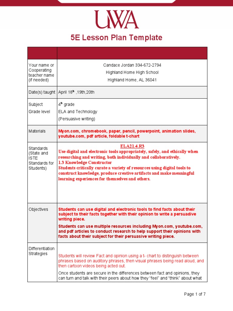 ED508 5E Lesson Plan CandaceJordan | PDF | Persuasion | Science Education