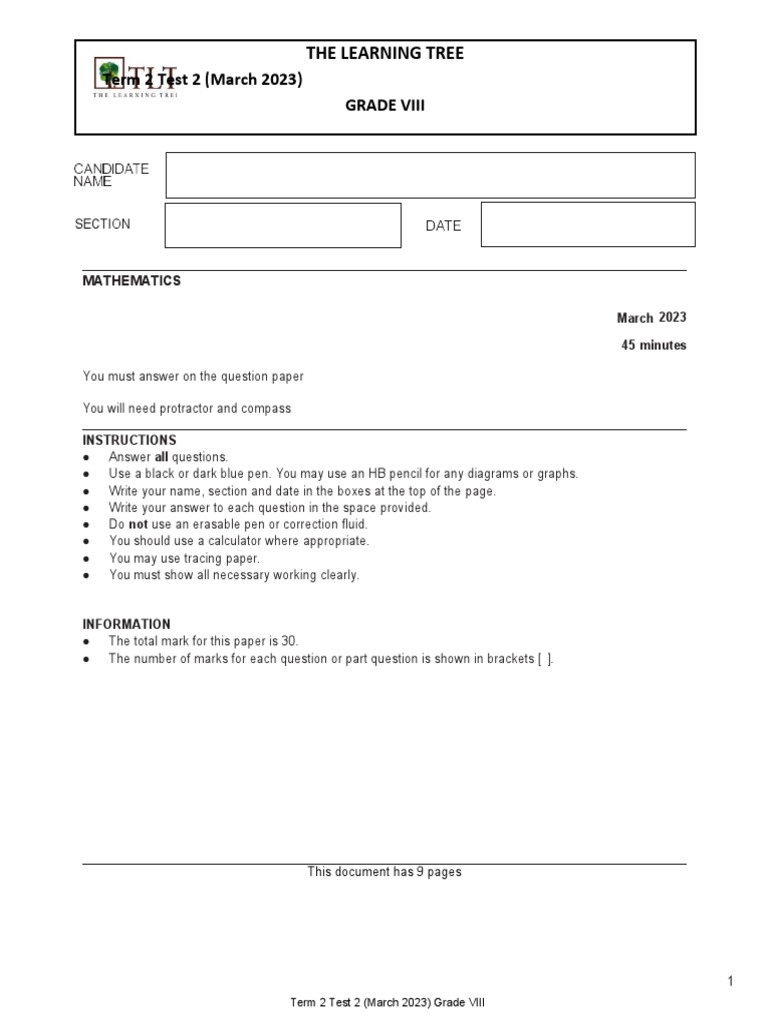 Term 2 Test #2 Grade VIII | PDF | Geometry | Mathematics