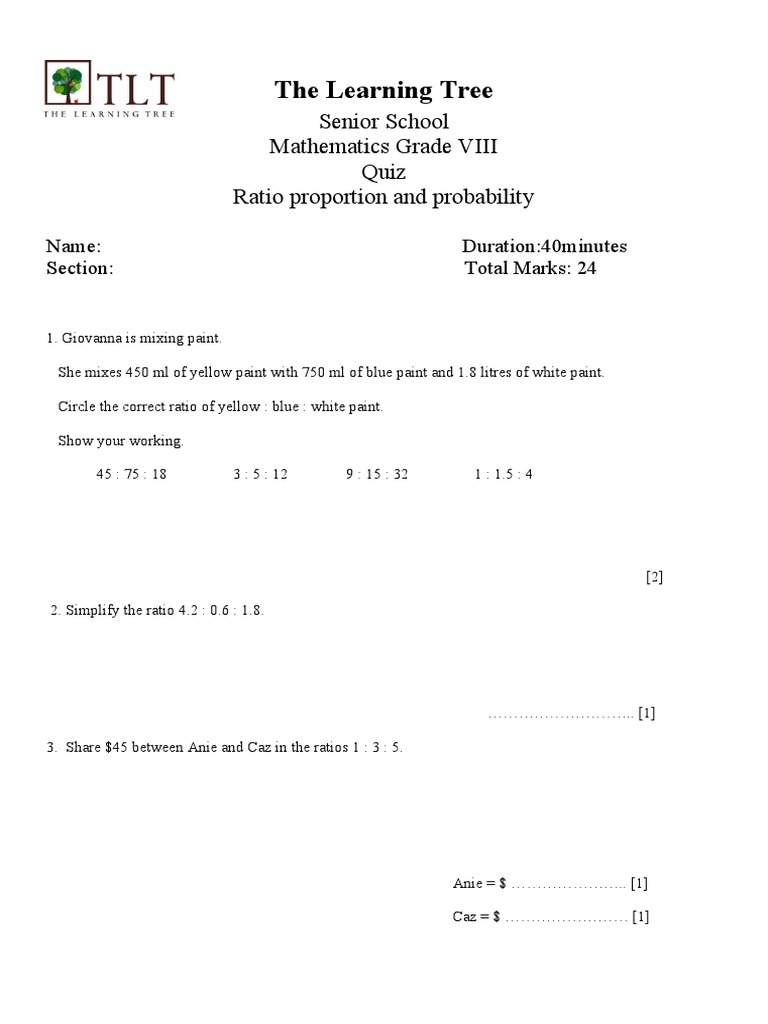 Grade 8 Quiz: Ratio and Probability | PDF | Ratio | Probability