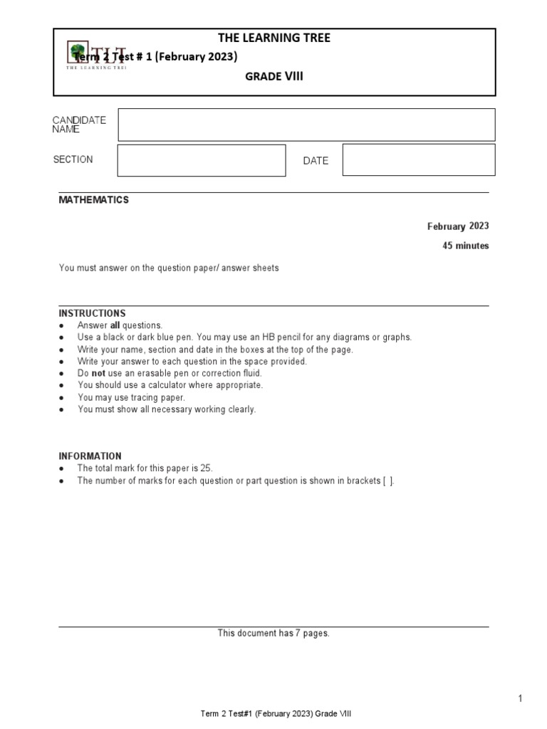 Grade 8 Term 2 Maths Exam Paper 2023 | PDF