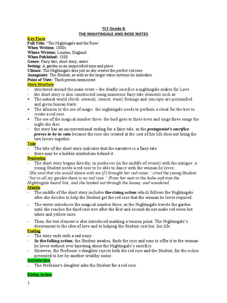 The Nightingale and The Rose Notes | PDF | Narration | Love