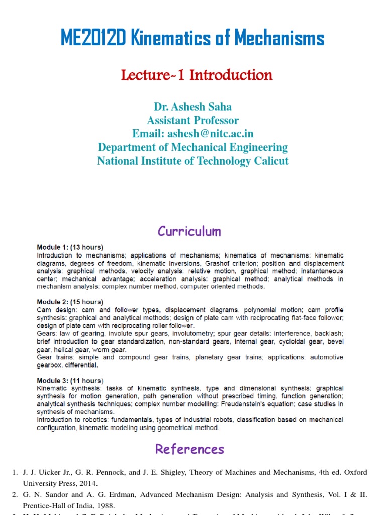 Kinematics of Mechanisms Lecture Notes | PDF