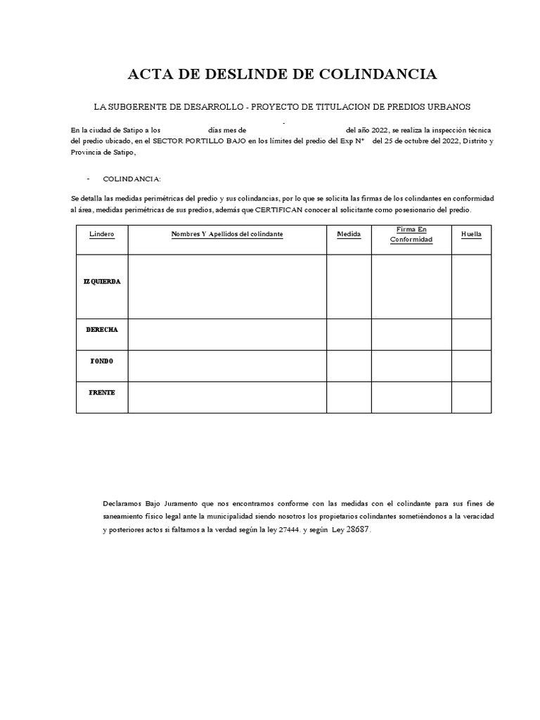 Acta de Deslinde de Colindancia Satipo | PDF