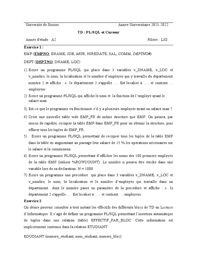 TP PLSQL Enonceì | PDF | PL/SQL | Structure de contrôle TP PLSQL Enonceì | PDF | PL/SQL | Structure de contrôle