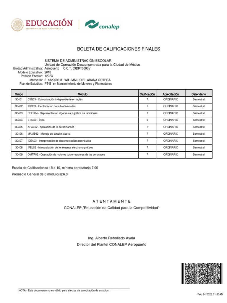 Boleta de Calificaciones Finales | PDF | Aeronave | Transporte