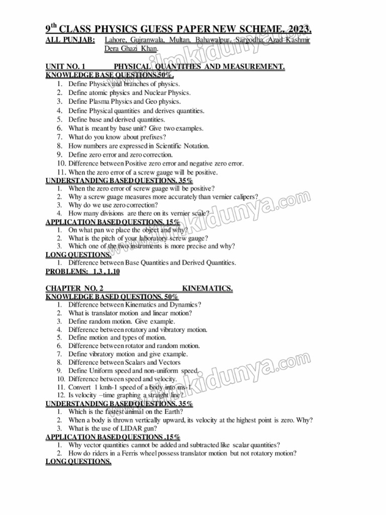 9th Class Physics Guess Paper. Englishpdf | PDF