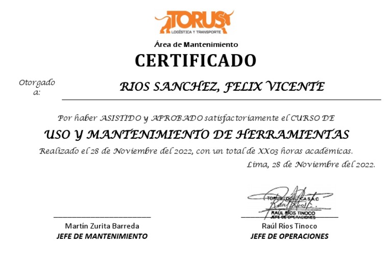 Certificado Por Curso Mantenimiento-Felix Rios | PDF