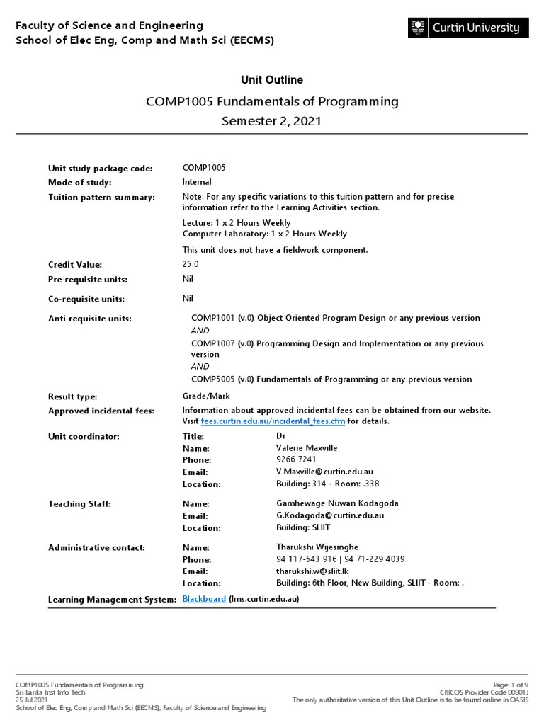 COMP1005 Fundamentals of Programming Semester 2, 2021: Unit Outline ...