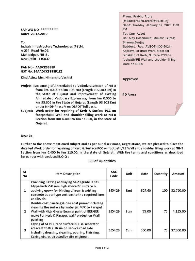 Approved - 5021-Work Order-Inckah Infra - Kerb Laying & Surface PCC ...