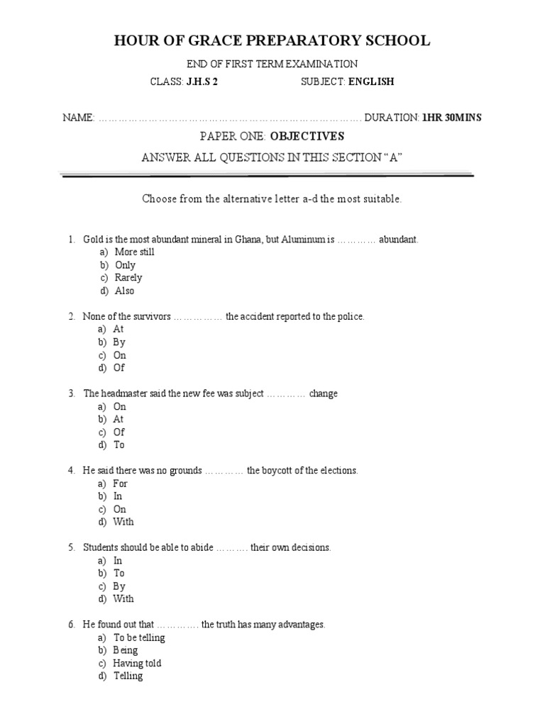 Hour of Grace Preparatory School: Paper One: Objectives Answer All ...