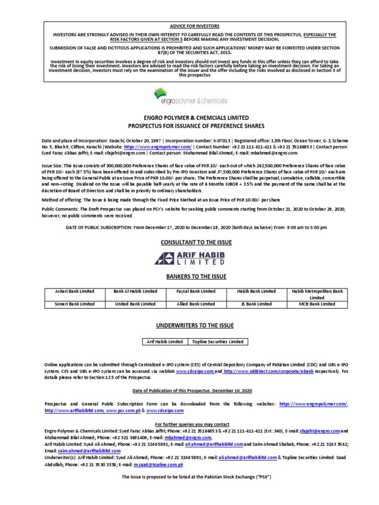 Engro Polymer Preference Shares Prospectus | PDF | Preferred Stock ...