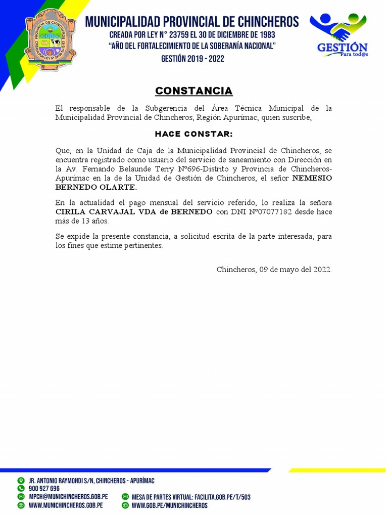 Constancia de Servicio de Agua Potable | PDF