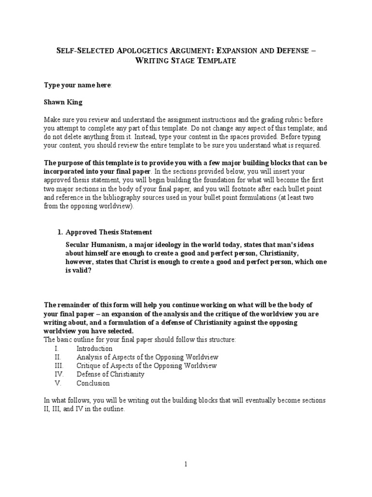Self-Selected Apologetics Argument Expansion and Defense - Writing ...