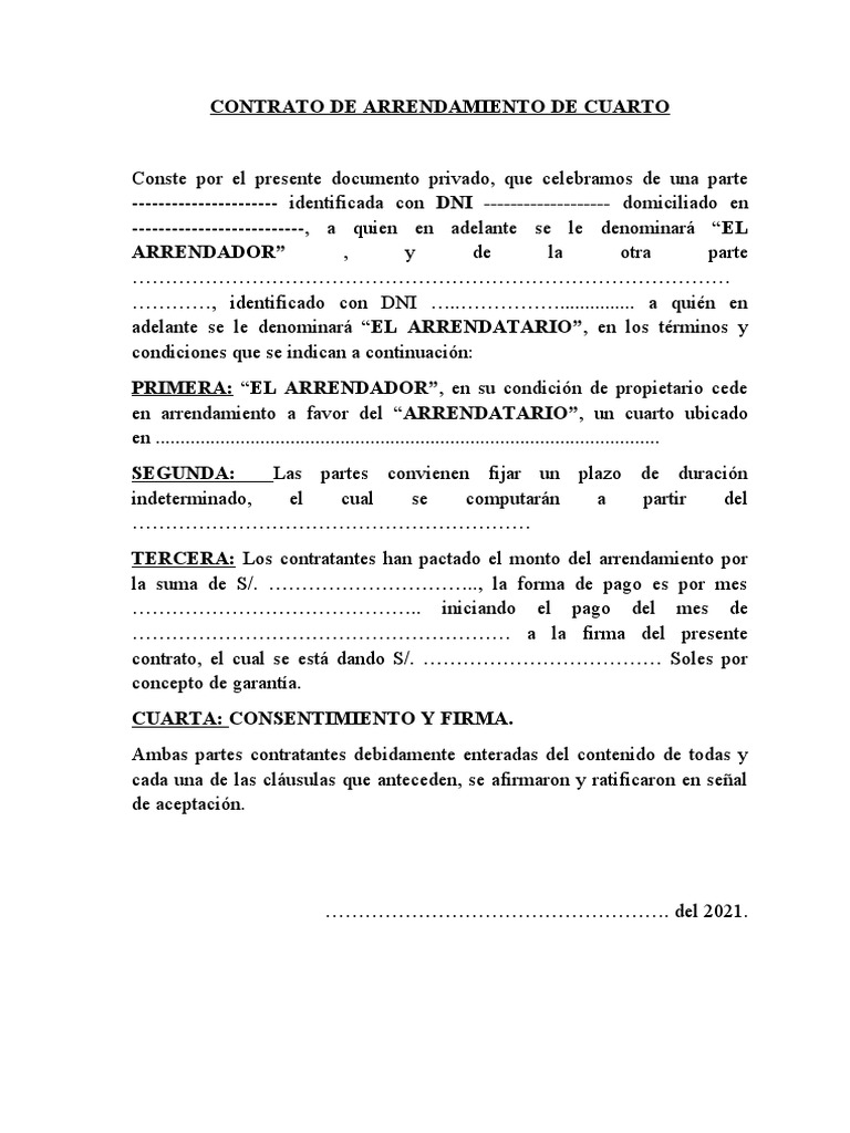 Contrato de Arrendamiento de Cuarto | PDF