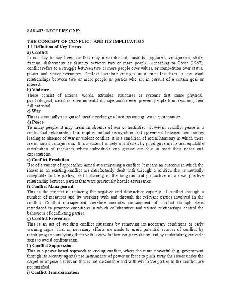 Sas 402: Lecture One: The Concept of Conflict and Its Implication 1.1 ...