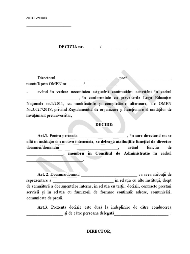Model Decizie de Delegare Atributii | PDF