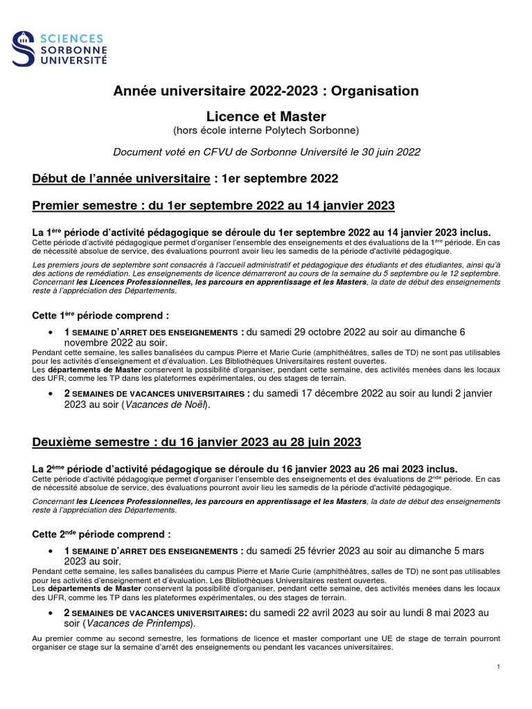 Calendrier universitaire 2022-2023 de la faculté des Sciences et Ingénierie_ | PDF
