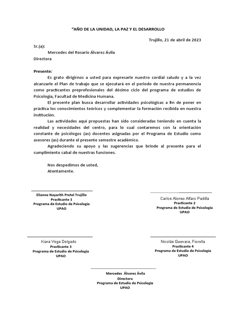 Carta Presentacion Plan de Trabajo | PDF