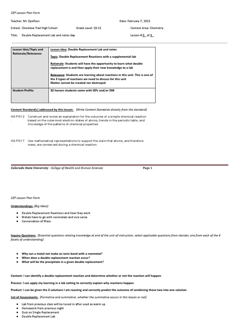 Double Replacement Lab Lesson | PDF | Chemistry | Teachers