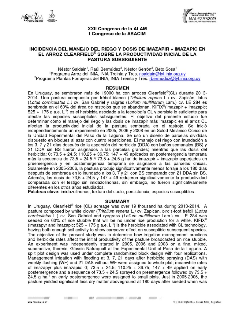 Incidencia Del Manejo Del Riego y Dosis de Imazapir + Imazapic en El ...