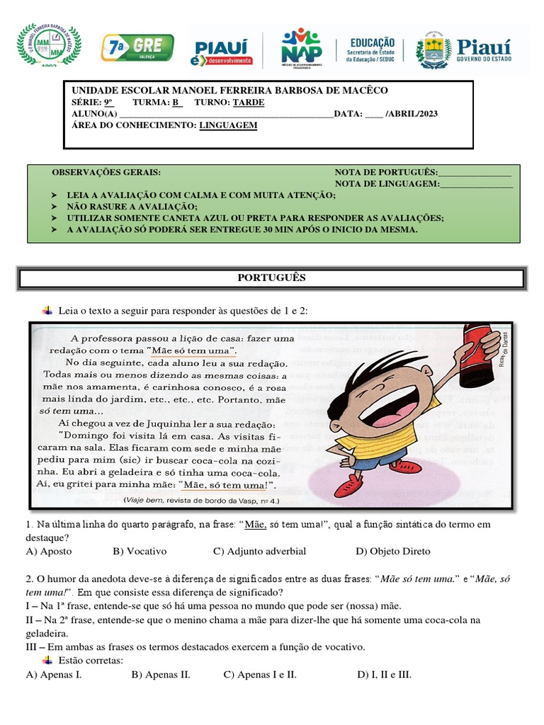 1º Provão de Linguagem 9ºb 2023 | Download grátis PDF | Predicado (gramática) | Assunto (gramática)