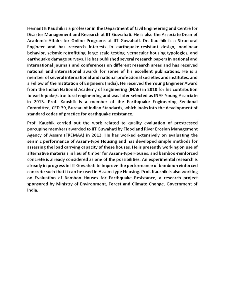 IIT Guwahati Professor Hemant Kaushik's Research in Earthquake Engineering | PDF