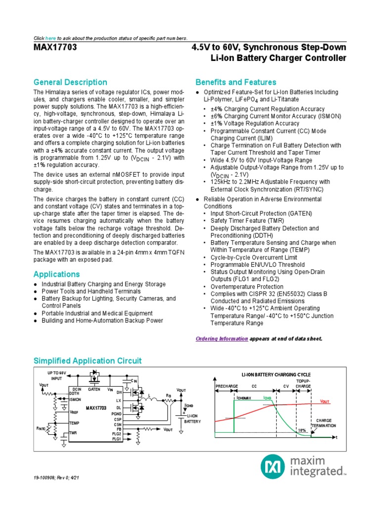 MAX17703 4.5V To 60V, Synchronous Step-Down Li-Ion Battery Charger Controller | PDF | Battery ...